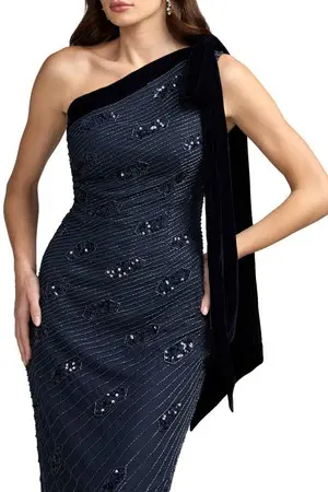 Mac Duggal Beaded One Shoulder Gown With Velvet Bow