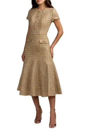 Mac Duggal Sequin Tweed Cap Sleeve A-line Midi Dress - Latte Multi
