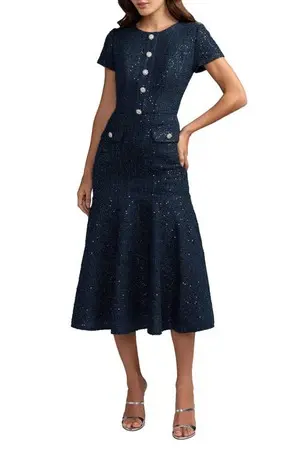 Mac Duggal Sequin Tweed Short Sleeve A-line Midi Dress