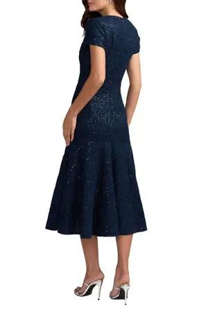 Mac Duggal Sequin Tweed Short Sleeve A-line Midi Dress