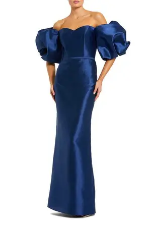 Mac Duggal Off The Shoulder Puff Sleeve Satin Evening Gown