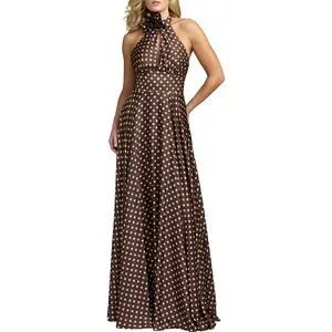 Mac Duggal Polka Dot A-line Halter Gown With Rosette - Chocolate Multi