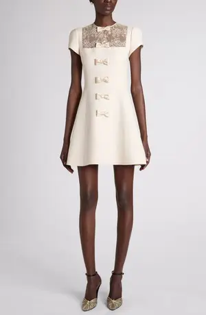 Valentino Garavani Wool & Silk Crepe Couture Minidress With Lace And Satin Bows - Vanilla