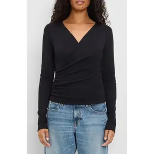Michael Stars Stacie Shirred Surplice Top - Black