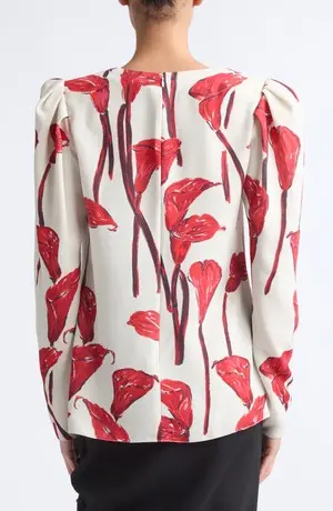 Carolina Herrera Floral Draped Puff Shoulder Blouse