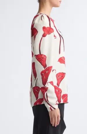 Carolina Herrera Floral Draped Puff Shoulder Blouse