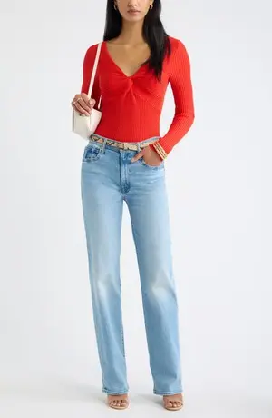 OPEN EDIT Knot Front Ribbed V-neck Sweater - Red Rush