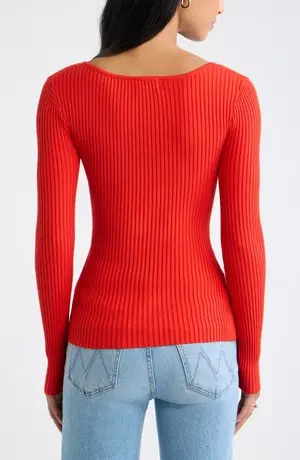 OPEN EDIT Knot Front Ribbed V-neck Sweater - Red Rush