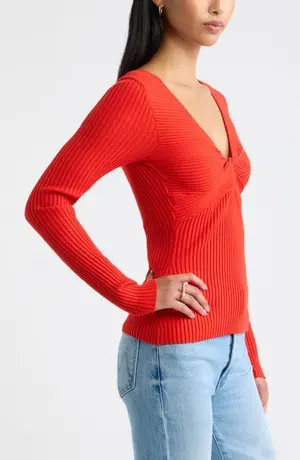 OPEN EDIT Knot Front Ribbed V-neck Sweater - Red Rush