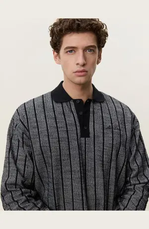 LES DEUX Pinstripe Jacquard Long Sleeve Polo