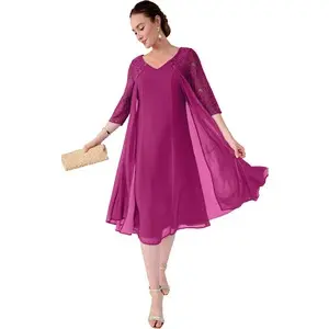 JESSICA LONDON A-line Lace Overlay Dress With 3/4 Sleeves - Raspberry