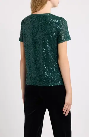 Anne Klein Sequined Short Sleeve T-shirt - Pine Forest