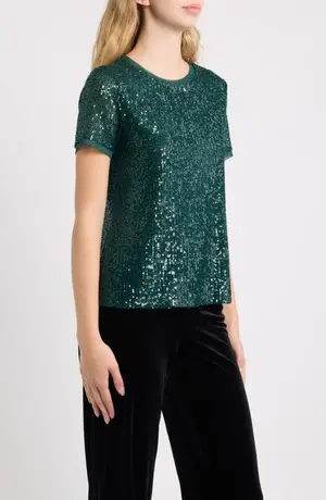 Anne Klein Sequined Short Sleeve T-shirt - Pine Forest