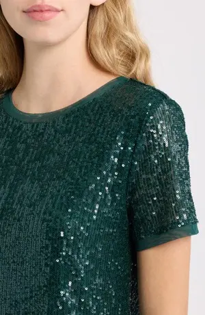 Anne Klein Sequined Short Sleeve T-shirt - Pine Forest