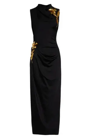 Lela Rose Metallic Embroidered Satin Midi Dress