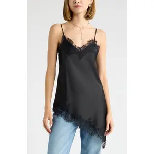 OPEN EDIT Asymmetrical Lace Trimmed Satin Tank - Black