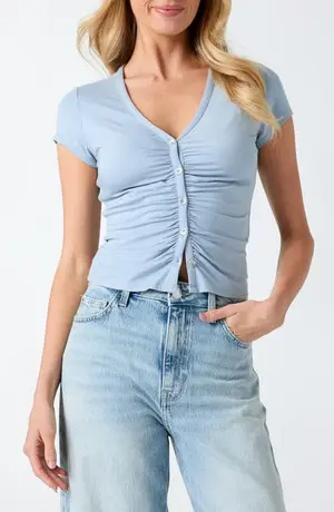 Guess Bianca Ruched Short Sleeve Button Up Top Blue