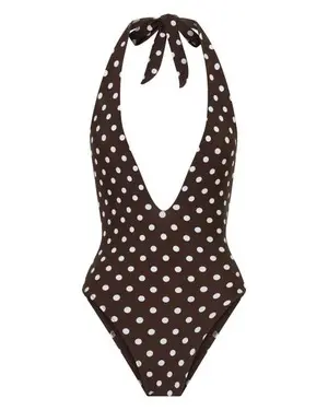 VACAY SWIMWEAR Vacay Swimwear Vienna One Piece Polka Dot Halterneck Swimsuit Chocolate Polka