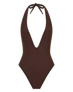 VACAY SWIMWEAR Vacay Swimwear Vienna One Piece Polka Dot Halterneck Swimsuit Chocolate