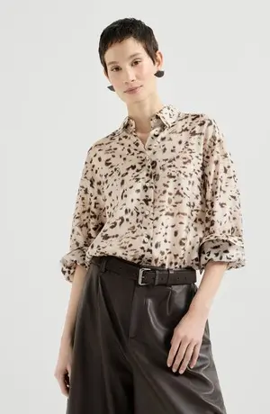 Brunello Cucinelli Lynx Print Silk Pongee Shirt With Monili