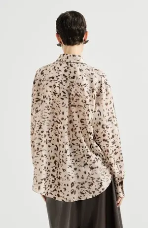 Brunello Cucinelli Lynx Print Silk Pongee Shirt With Monili