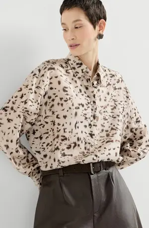 Brunello Cucinelli Lynx Print Silk Pongee Shirt With Monili