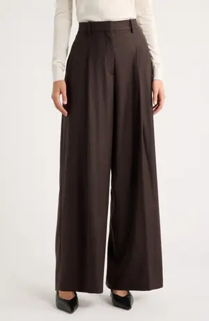 Theory Wide Leg Pleated Virgin Wool Trousers - Cacao
