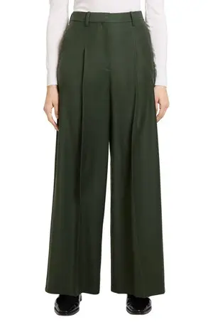 Theory Wide Leg Pleated Virgin Wool Trousers - Ivy