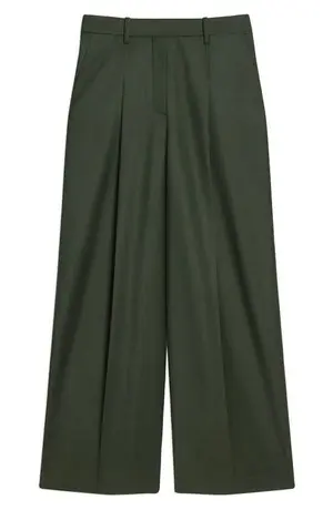 Theory Wide Leg Pleated Virgin Wool Trousers - Ivy