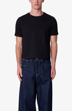 Mnml Short Sleeve Cotton Henley Baby Tee - Black