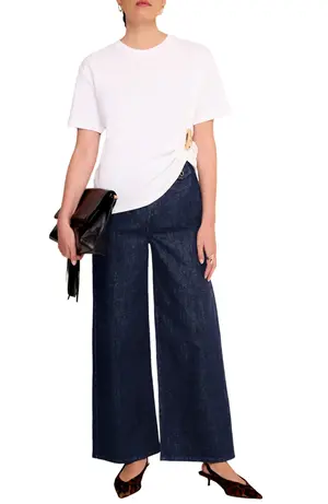 Mint Velvet Dark Indigo Patch Pocket Wide Leg Crop Jeans