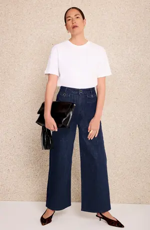 Mint Velvet Dark Indigo Patch Pocket Wide Leg Crop Jeans
