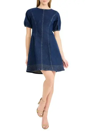 Maggy London Seamed Puff Sleeve Cotton Blend Denim Minidress - Dark Wash