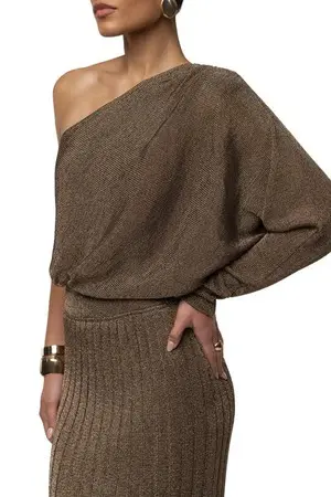 JLUXLABEL One-shoulder Metallic Knit Bodysuit - Bronze