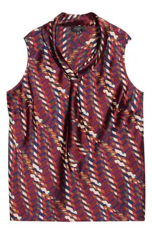 TAHARI ASL Abstract Print Sailor Tie Neck Top - Cranberry Multi