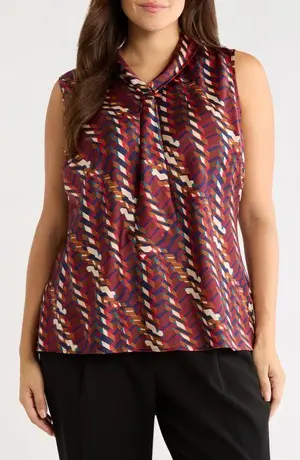 TAHARI ASL Abstract Print Sailor Tie Neck Sleeveless Top - Cranberry Multi