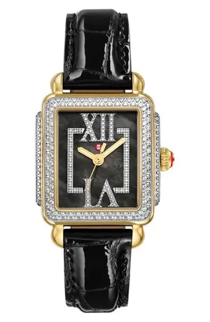 Michele Deco Madison Mid Pavé Diamond & Mother-of-pearl Leather Strap Watch - Black