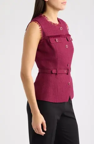 TAHARI ASL Metallic Bouclé Vest With Fringe Trim