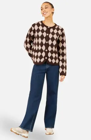 YUMI Argyle Button-front Knit Cardigan