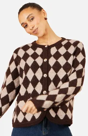 YUMI Argyle Button-front Knit Cardigan - Brown