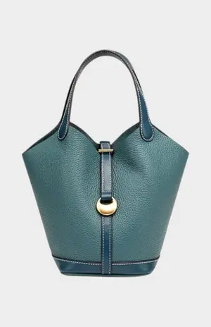 MI BOLSA LONDON Monaco Genuine Pebble Leather Bucket Bag - Blue