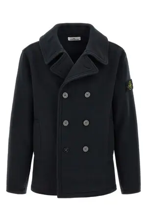 Stone Island Double-breasted Coat With Logo Badge - Blue