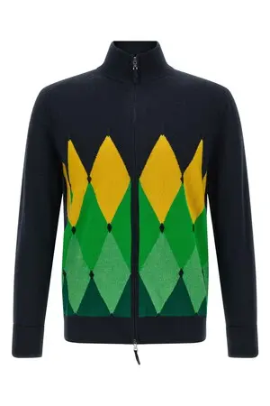 BALLANTYNE Classic Diamond' Intarsia Zip Cardigan - Blue