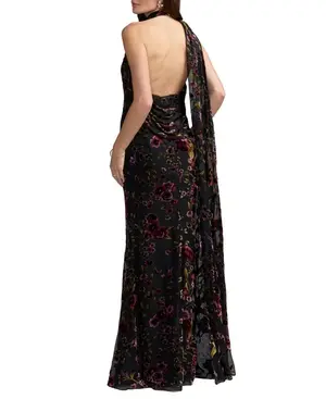 Mac Duggal Sleeveless Velvet Halter Neck Gown With Drape