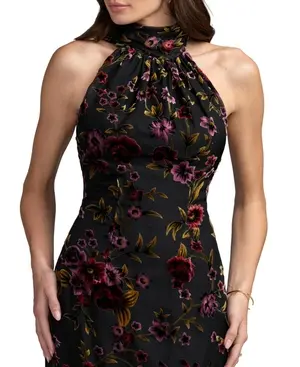 Mac Duggal Sleeveless Velvet Halter Neck Gown With Drape