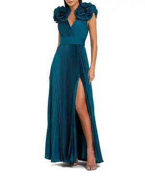 Mac Duggal Pleated Charmeuse V-neck Gown With Ruffle Detail