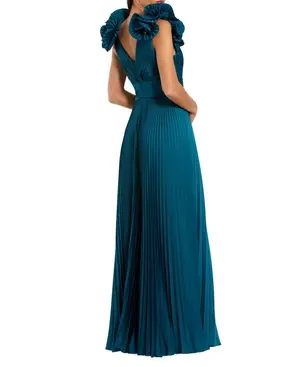 Mac Duggal Pleated Charmeuse V-neck Gown With Ruffle Detail