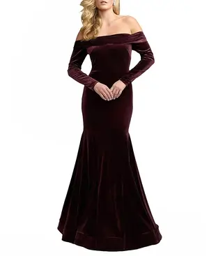 Mac Duggal Velvet Off-the-shoulder Long Sleeve Mermaid Gown - Wine