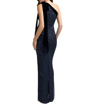 Mac Duggal Embellished One Shoulder Gown With Velvet Bow
