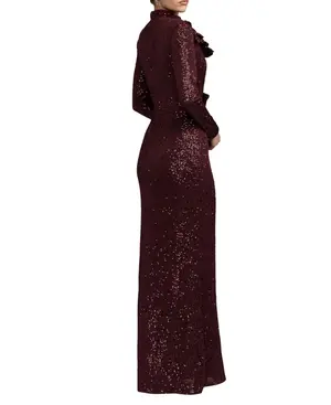 Mac Duggal Long Sleeve Flower Detail Sequin Gown